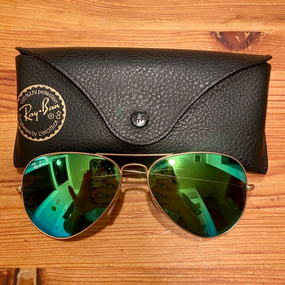 Rayban Green And Gold Aviator Flash Polarized Sunglas… - Gem